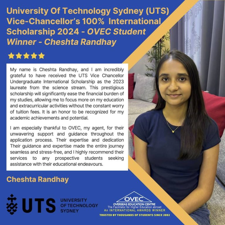 OVEC Student Cheshta Randhay wins 100% Vice-Chancellor’s 2024 ...