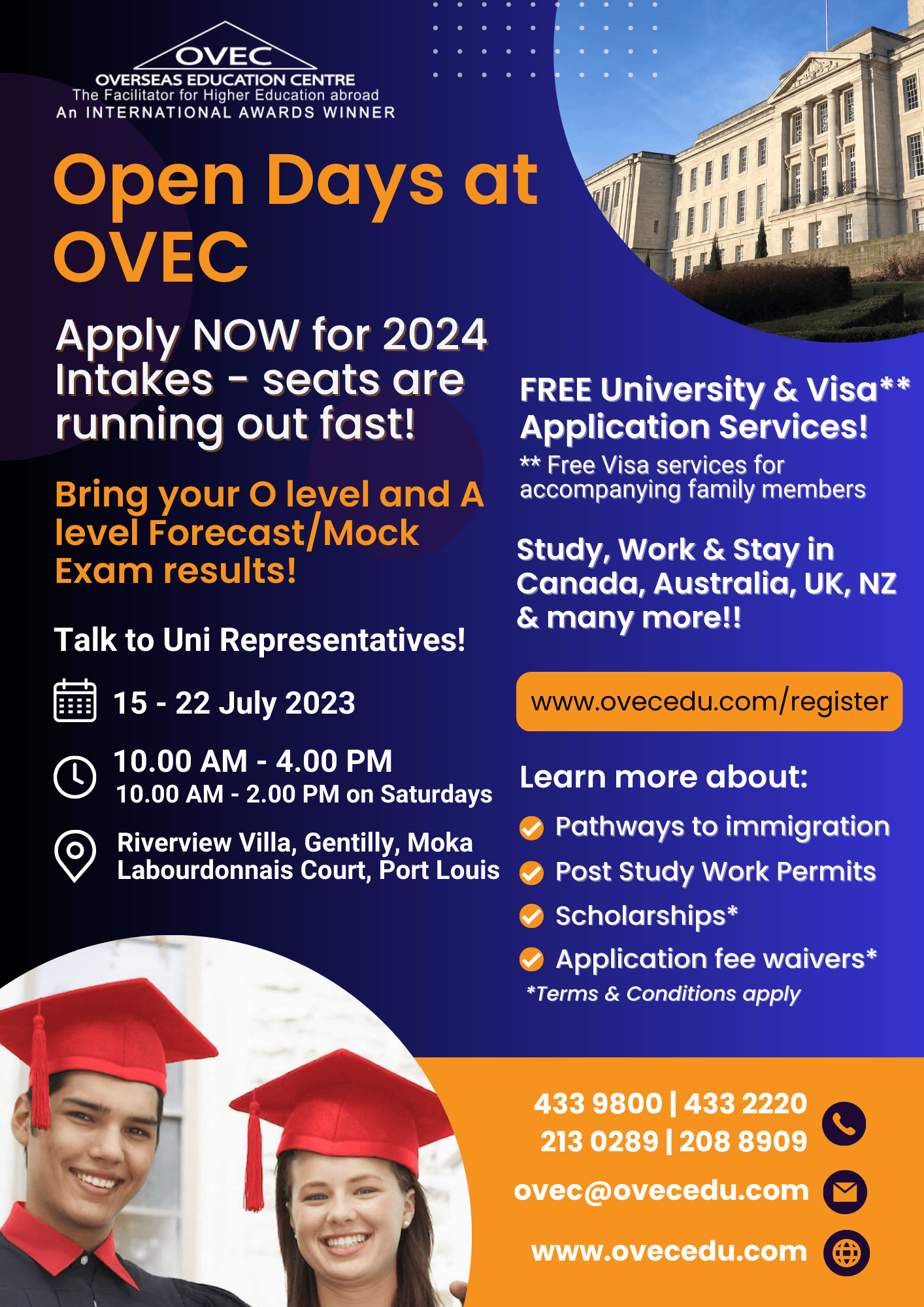 Open Days at OVEC: 15-28 July 2023 - Register here! Application Fee Waivers! Meet top ...