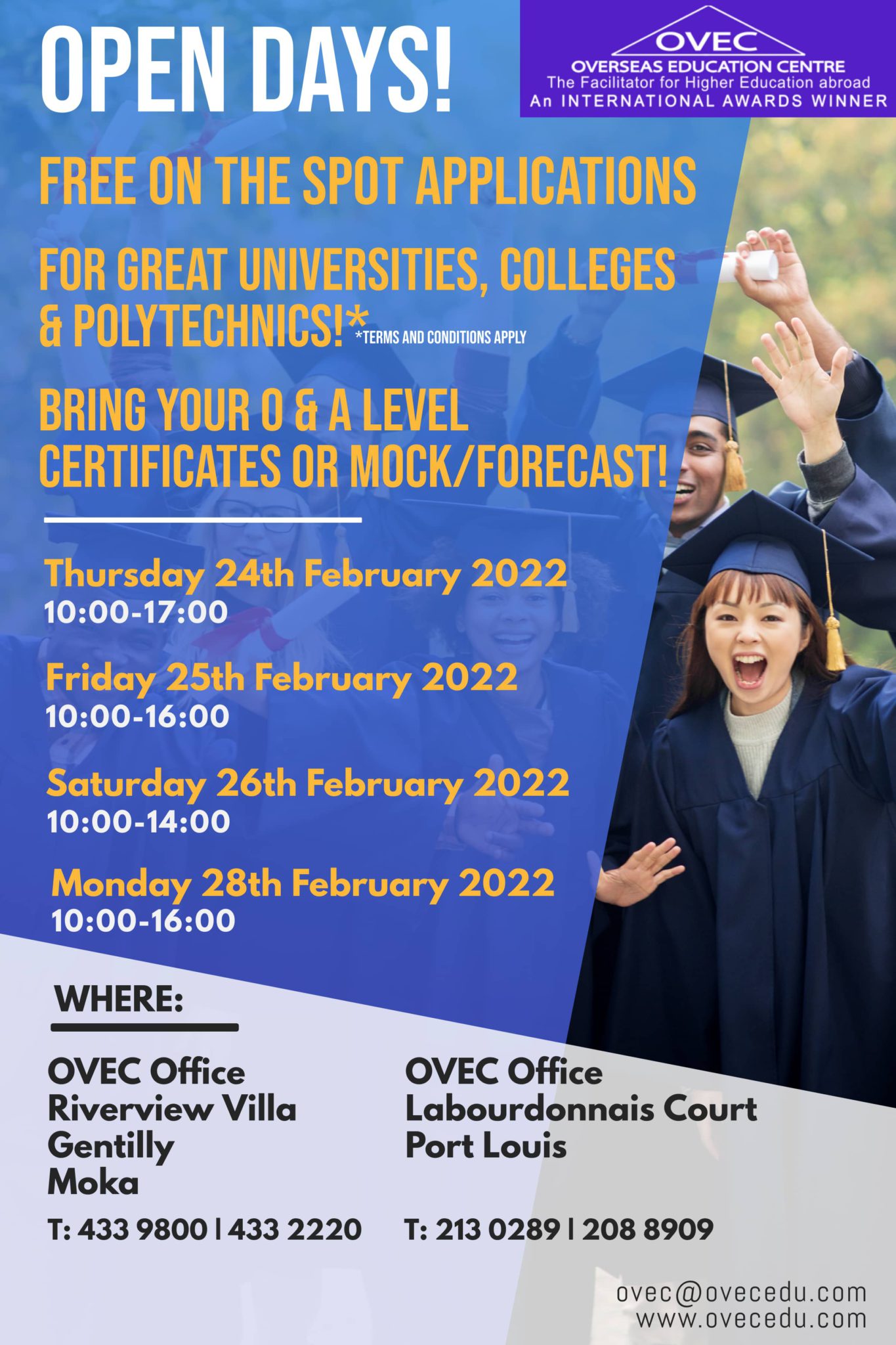 Open Days @ OVEC - FREE on the spot application to great Universities ...