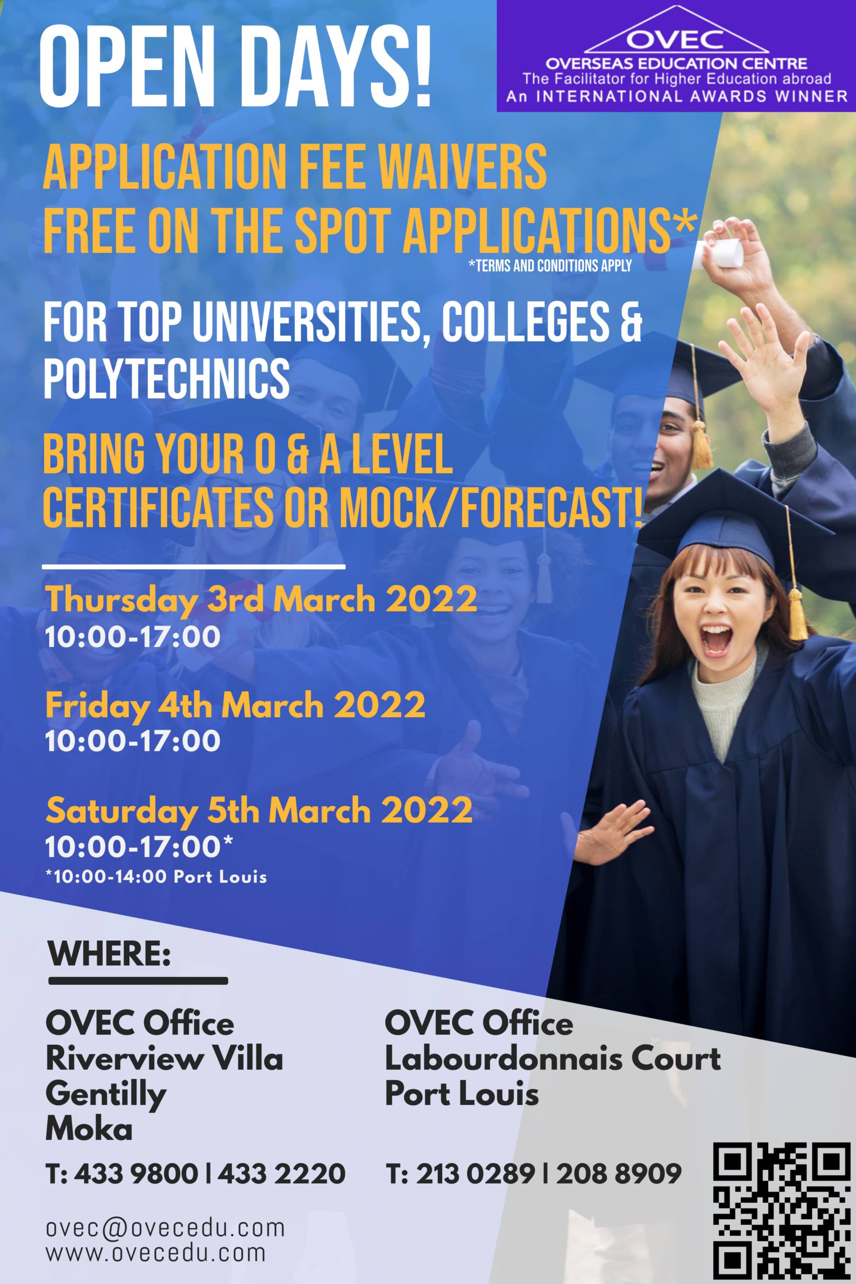 Open Days @ OVEC - Application fee WAIVERS and FREE on the spot ...