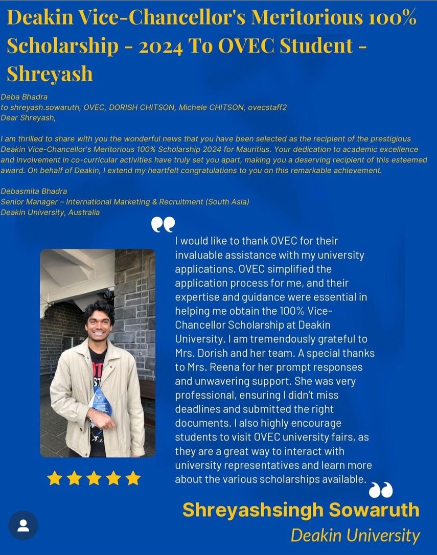 OVEC Student Shreyash Sowaruth wins 100% Vice-Chancellor Scholarships 2024 - Deakin University ...