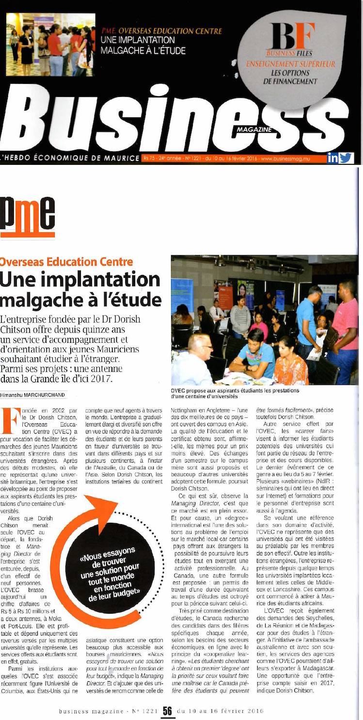 Business Magazine: OVEC: Une Implantation Malgache - Overseas Education ...